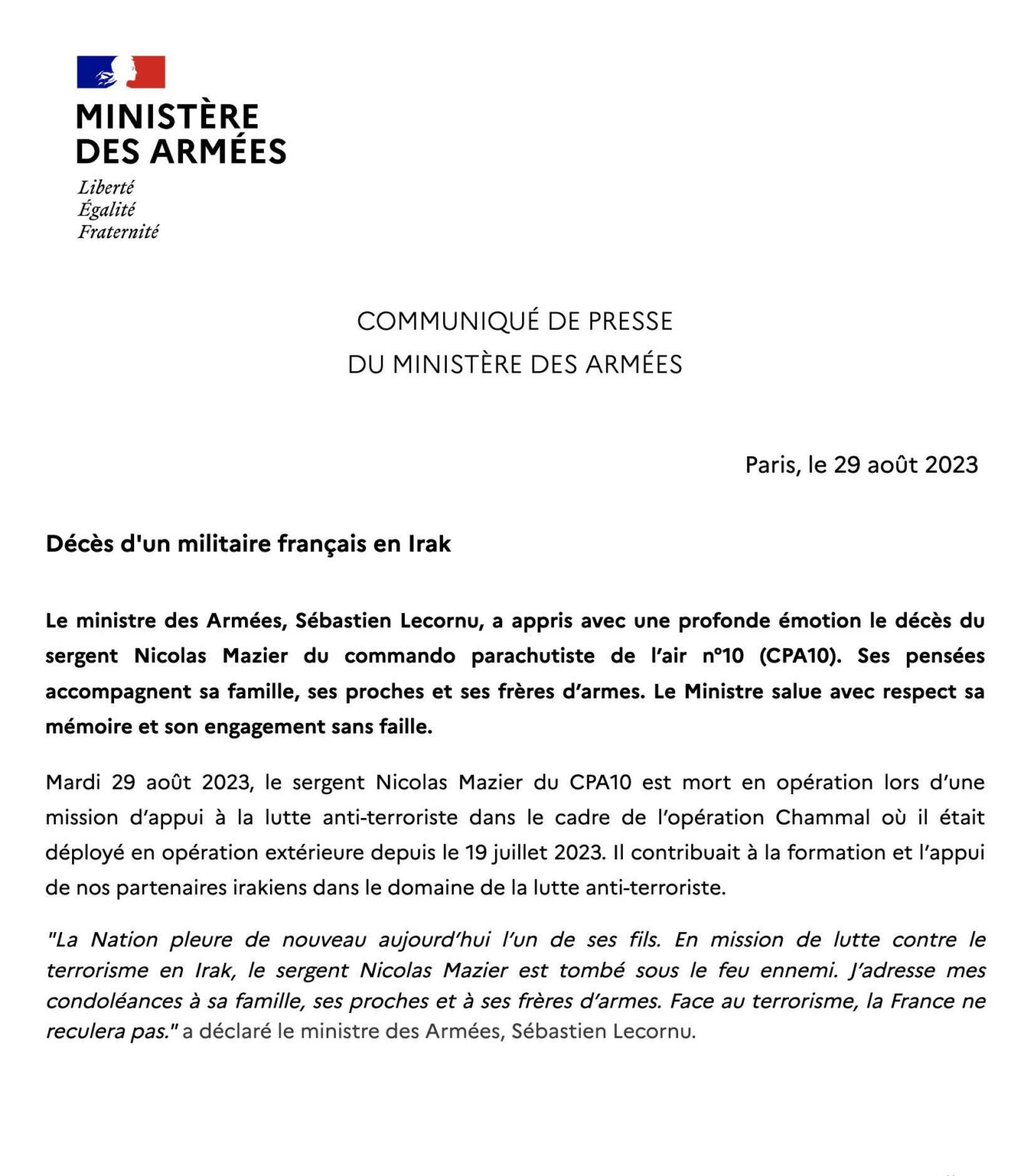 Le sergent Nicolas Mazier, mort en Irak - medias-presse.info